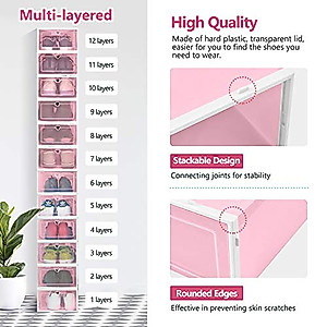 12 Pack Stackable Shoe Boxes Plastic Storage Bins, Sneaker Container with Clear Lids, Closet Organizer by Hommtina (Pink)