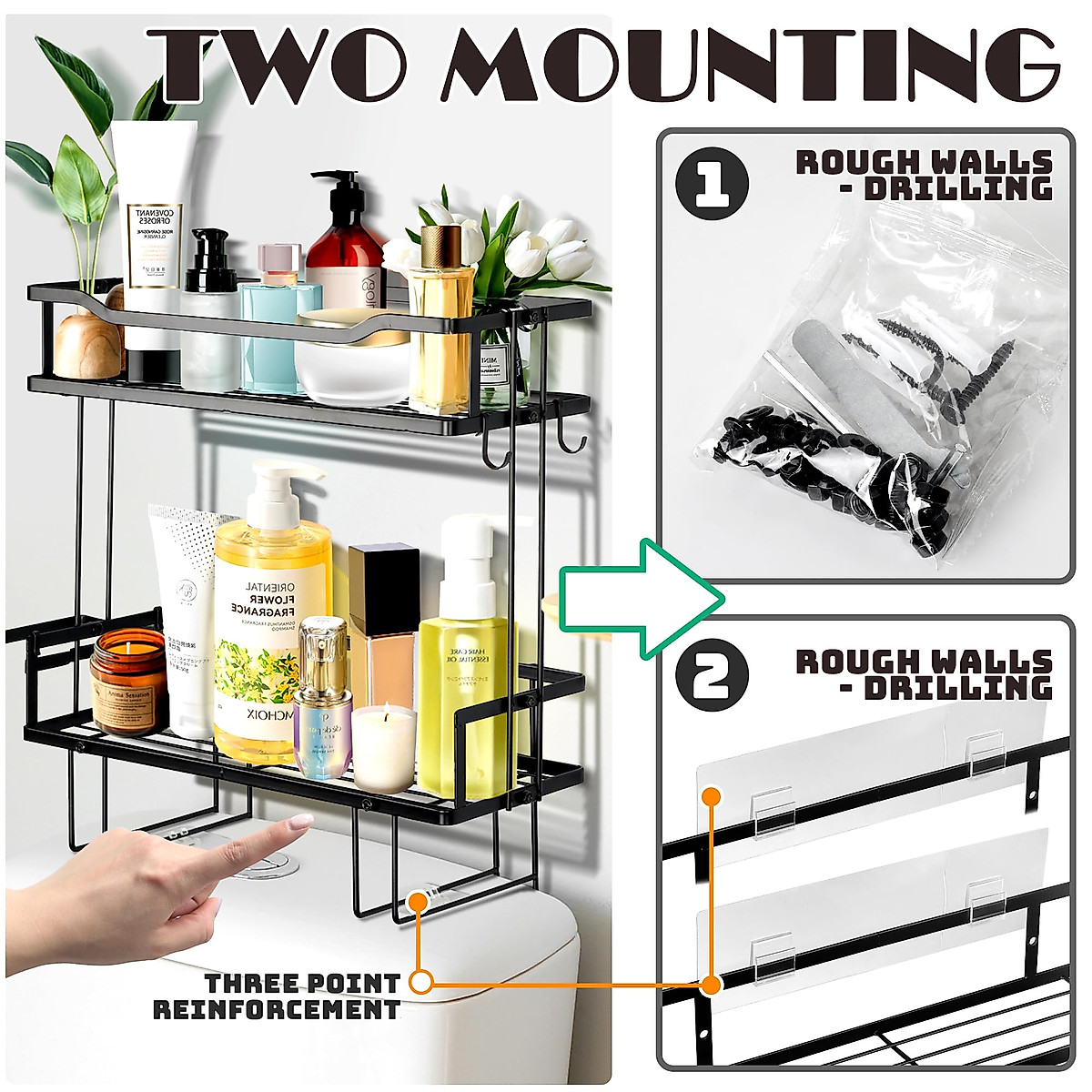 Alytree 2-Tier Toilet Storage Rack, Bathroom Organizers and Storage Over Toilet with Paper Holder, Bathroom Wall Mounted for Space Saver with Non-Trace Adhesive & Nails