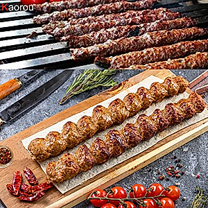 KAOROU Kabob Skewers 23 Inch Long,1 Inch Wide Heavy Duty Stainless Steel with Wood Handle， Perfect for Koobideh Kebab Persian/Brazilian Style Chicken Shrimp Kebab,Set of 7 with Bag