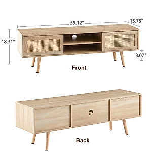 Rattan TV Stand Entertainment Center, 55" L TV Console Table Storage Cabinet Wooden Sliding Doors Plastic Rattan for Living Room Farmhouse Furniture (oak-55)