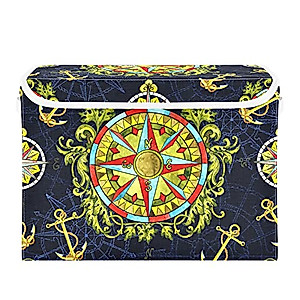 innewgogo Nautical Compass Anchor Storage Bins with Lids for Organizing Organizer Basket with Lid with Handles Oxford Cloth Storage Cube Box for Cat Toys