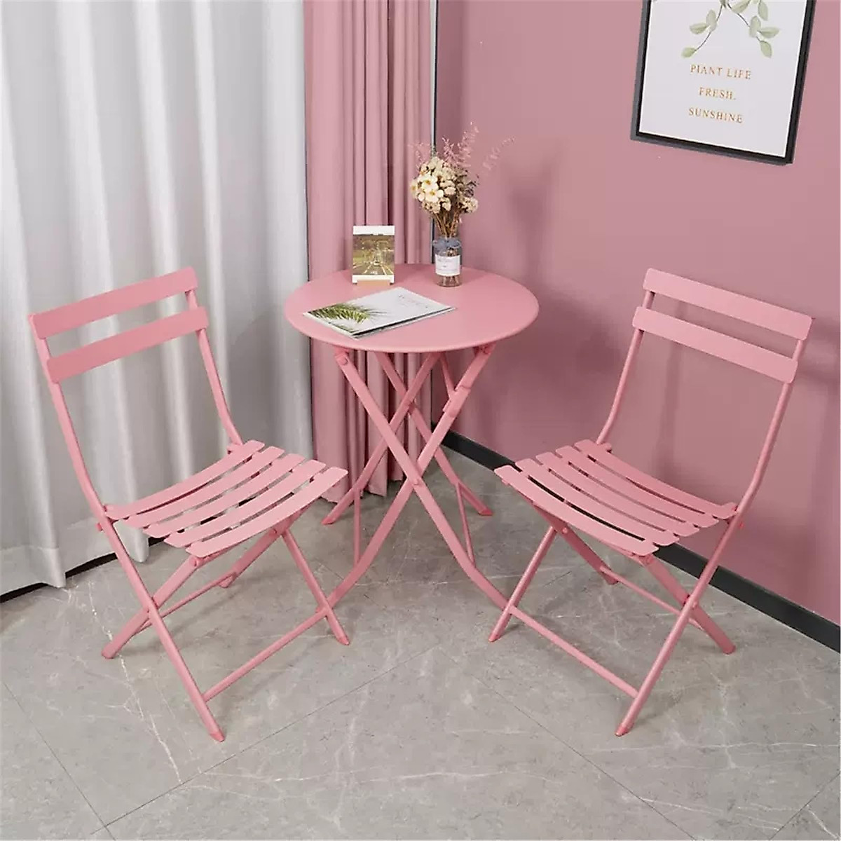 JHKZUDG 3-Piece Folding Patio Bistro Set,Foldable Outdoor Patio Furniture Sets,with Folding Table and Folding Two Chairs, for Garden, Backyard, Pool, Lawn, Porch, Balcony,Pink