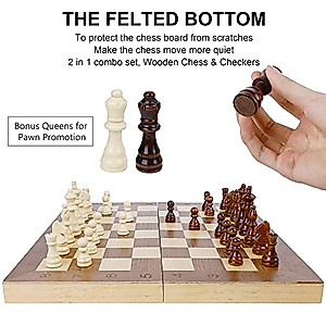 Juegoal 17" Wooden Chess & Checkers Set, 2 in 1 Board Games for Kids and Adults, with Felted Game Board Interior for Storage, Travel Portable Folding Chess Game Sets, 2 Extra Queen, 24 Checkers Pieces