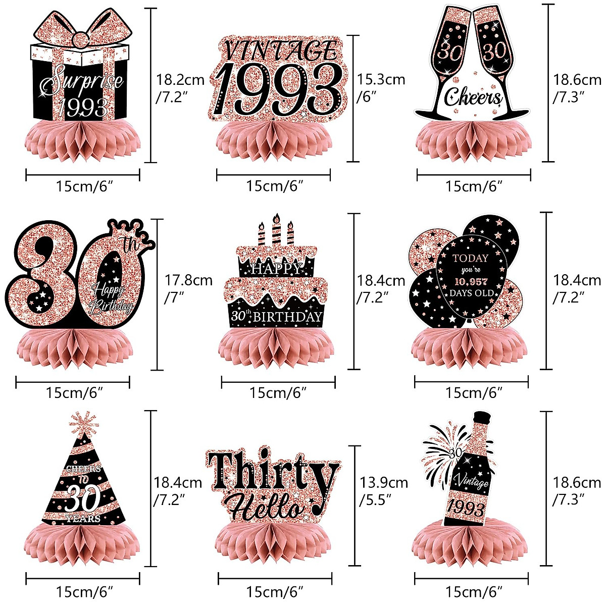 LITAUS, Rose Gold 30th Birthday Decorations Honeycomb Centerpieces for Table - Pack of 9 | 30 th Birthday Table Decorations for Women | 30th Birthday Party Supplies