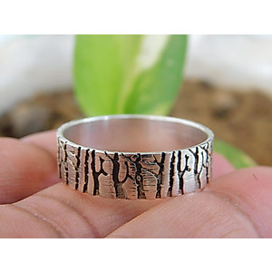Forest band ring, Wedding Band, Forest Jewelry, 925 Sterling Silver Engraved Ring, Birch Tree Ring, Designs Hammered Tungsten, Gift, silver band ring (13)