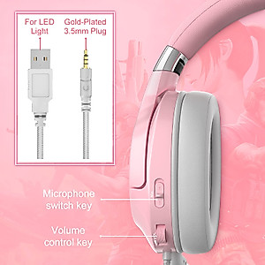 HOLULU Foldable Pink Gaming Headset Compatible with PS5 PS4 PC Mobile Phone Tablet Xbox One(Adapter Not Included), with Detachable Noise Canceling Mic, 3.5mm & USB C Plug, for Adults & Kids