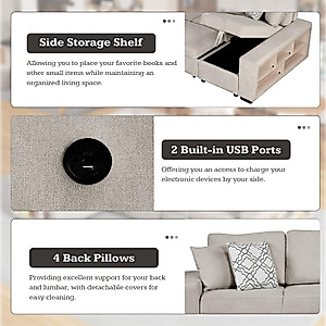 Merax L-Shaped Pull-Out Sleeper Sofa Bed with 2 USB Ports, Chenille U-Shaped Sectional Sofa with 4 Back Pillows, a Storage Chaise Lounge for Living Room (Beige)