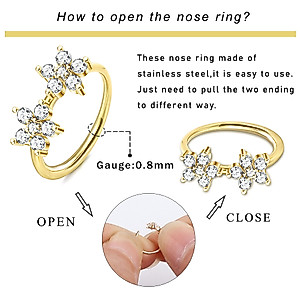 ORAZIO 9Pcs 20G Nose Rings Hoops For Women Surgical Steel Paved CZ Cartilage Earring Hoop Cute Butterfly Flower Nose Piercing Jewelry Silver Gold Black Rose Gold Nose Ring Hoop