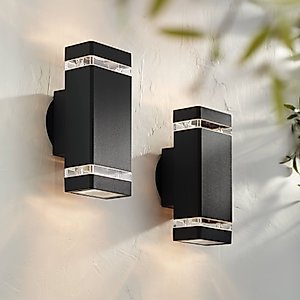 Possini Euro Design Skyridge Modern Outdoor Wall Light Fixtures Set of 2 Halogen Black Aluminum 10 1/2" Clear Glass for Exterior House Porch Patio Outside Deck Garage Yard Front Door Garden Home