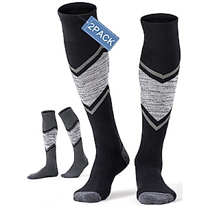 FITRELL 2 Pack Men's and Women's Ski Socks Full Cushioned Winter Merino Wool Thermal Knee High Warm Boot Socks for Skiing Snowboarding, Black+Grey, X-Large
