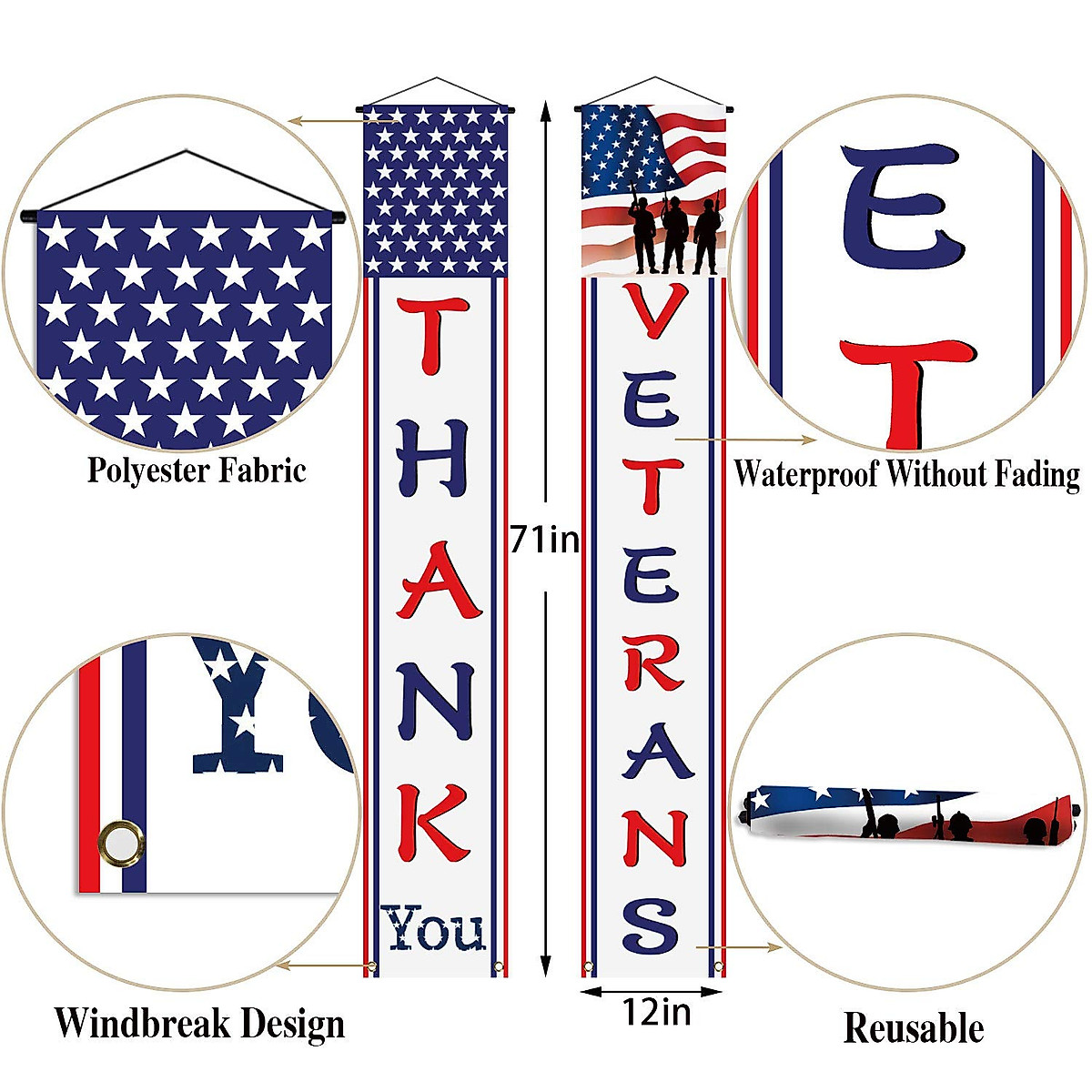 Thank You Veterans Hanging Banner Memorial Day Veterans Day Decoration American Flag Patriotic Decoration for 4th of July