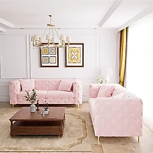OUYESSIR Modern Velvet Sofa for Living Room, 75 Inches Long Tufted Couch, Upholstered Sofa with 2 Pillows Wide Armrest and Metal Legs for Bedroom Office (Pink)