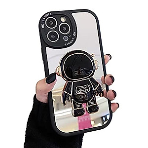 for iPhone 12 Pro Max Case with Astronaut Hidden Stand,Luxury Bling Acrylic Mirorr Phone Case with Camera Protection,Cute Cartoon Soft Silicone Bumper Cover for iPhone 12 Pro Max for Girls Women