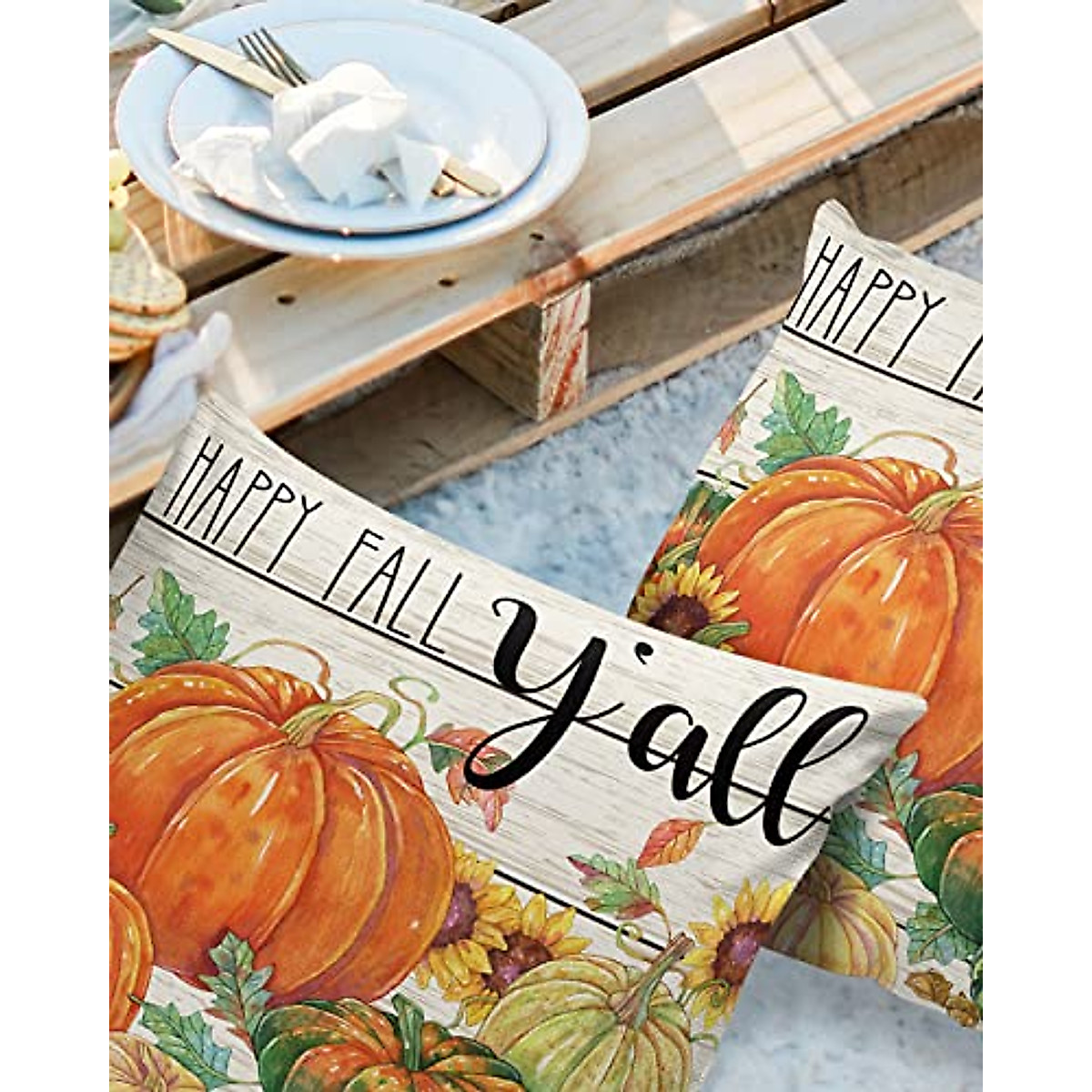 Fall Thanksgiving Pumpkin Outdoor Pillow Cover 16x16 Inch Cushion Sham Case,Happy Autumn All Yall Farmhouse Waterproof Decorative Square Throw Pillowcase for Garden Patio Porch Couch Chair Tent