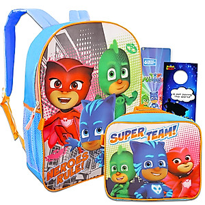 PJ Masks School Backpack With Lunch Box For Kids ~ 4 Pc Bundle With 16" PJ Masks School Bag, Lunch Bag, Stickers, And More Featuring Catboy, Owlette, And Gekko