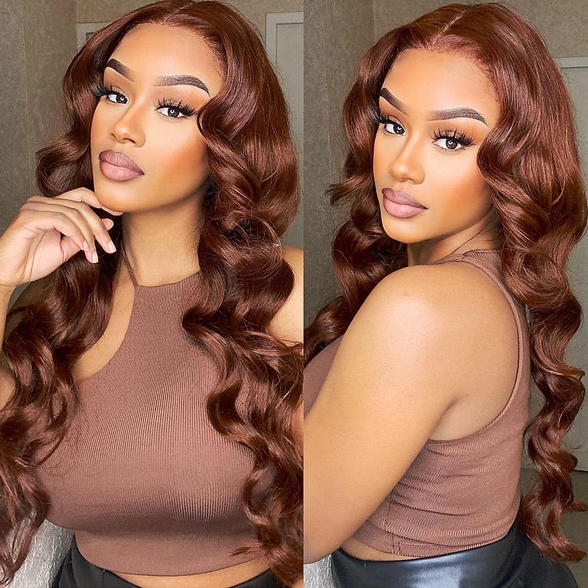 Nadula 12A Reddish Brown Body Wave Human Hair Weave 3 Bundles for Women, 16 18 20inch Brazilian Virgin Remy Hair Bundles Auburn Brown Copper Red Colored Human Hair Wavy Weaves Extensions 33B Color