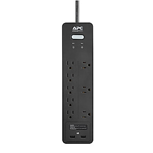 APC Power Strip Surge Protector with USB Charging Ports, PH8U2, 2160 Joules, Flat Plug, 8 Outlets Black