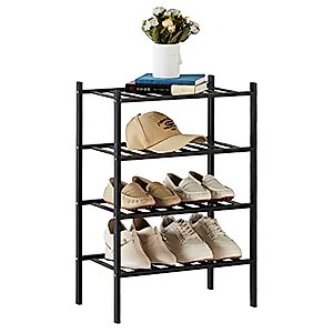 Trenect Shoe Rack for Entryway Closet 4 Tier Narrow Shoe Rack Stackable Organizer Storage Bamboo Shoe Rack Vertical Small Shoe Rack Shelf Free Standing Shoe Racks 11 * 17.7 * 26.2 Inches (Black)