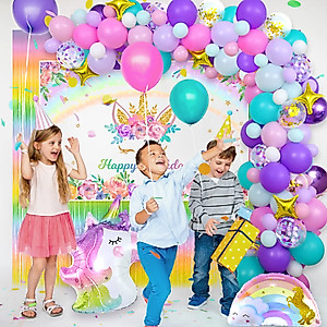 129Pcs Unicorn Theme Birthday Party Decorations Supplies For Girls,Rainbow Unicorn Balloon Garland Arch Kit With Unicorn Backdrop Tablecloth,Fringe Curtain Rainbow Gold Confetti Pink Purple Balloons