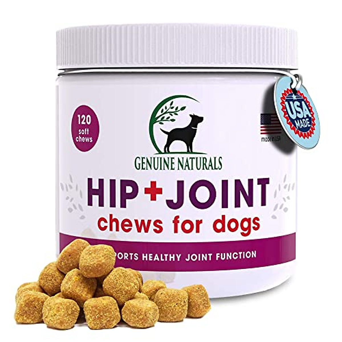 Genuine Naturals™ Hip and Joint Supplement for Dogs - Glucosamine Chondroitin, MSM, Organic Turmeric Soft Chews, Dog Vitamins, Supports Healthy Joint Function and Helps with Pain Relief,120 Count