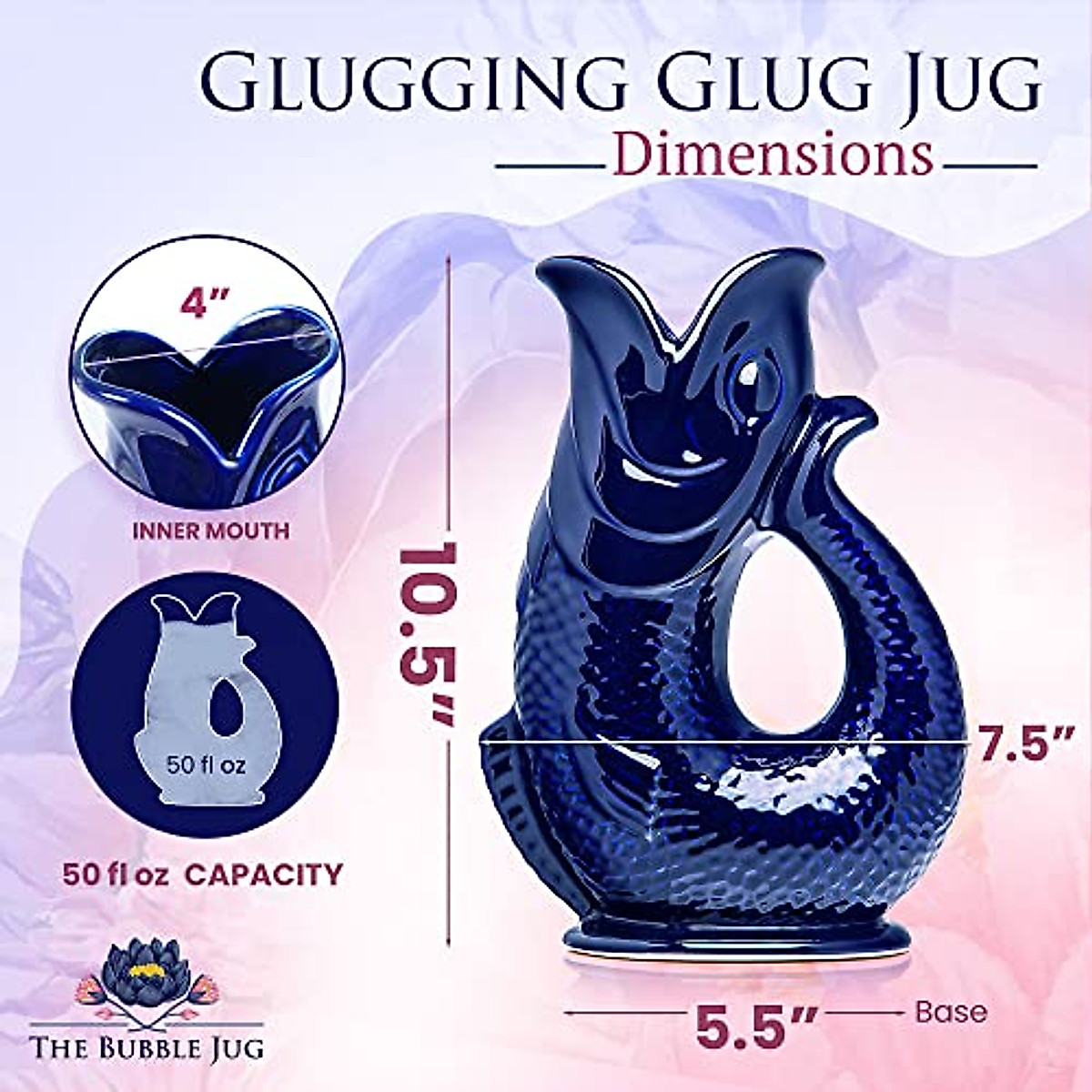 The Bubble Jug® Dark Cobalt Blue 50 fl oz 1.5L Litre Extra Large Glug Gurgle Pitcher Jug - Fish Shaped Jug - Decorative Ceramic Glugging Cocktail, Water and Gin Jug and Gurgling Carafe Pot