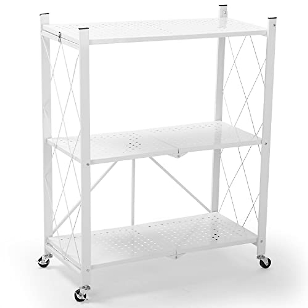 nisboigr 3 Tier Storage Shelves,Folding Storage Shelf with Wheels,Heavy Duty Metal Shelf,Garage Storage Shelf,Metal Rack,White