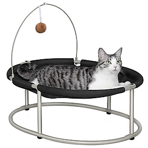 Hzuaneri Oval Raised Cat Bed, Elevated Pet Hammock, for Kitty Cat Small Dog with Pompom, Detachable and Washable, Easy Assembly Cat Cot Excellent Breathability, for Indoors & Outdoors, Black PB06701X