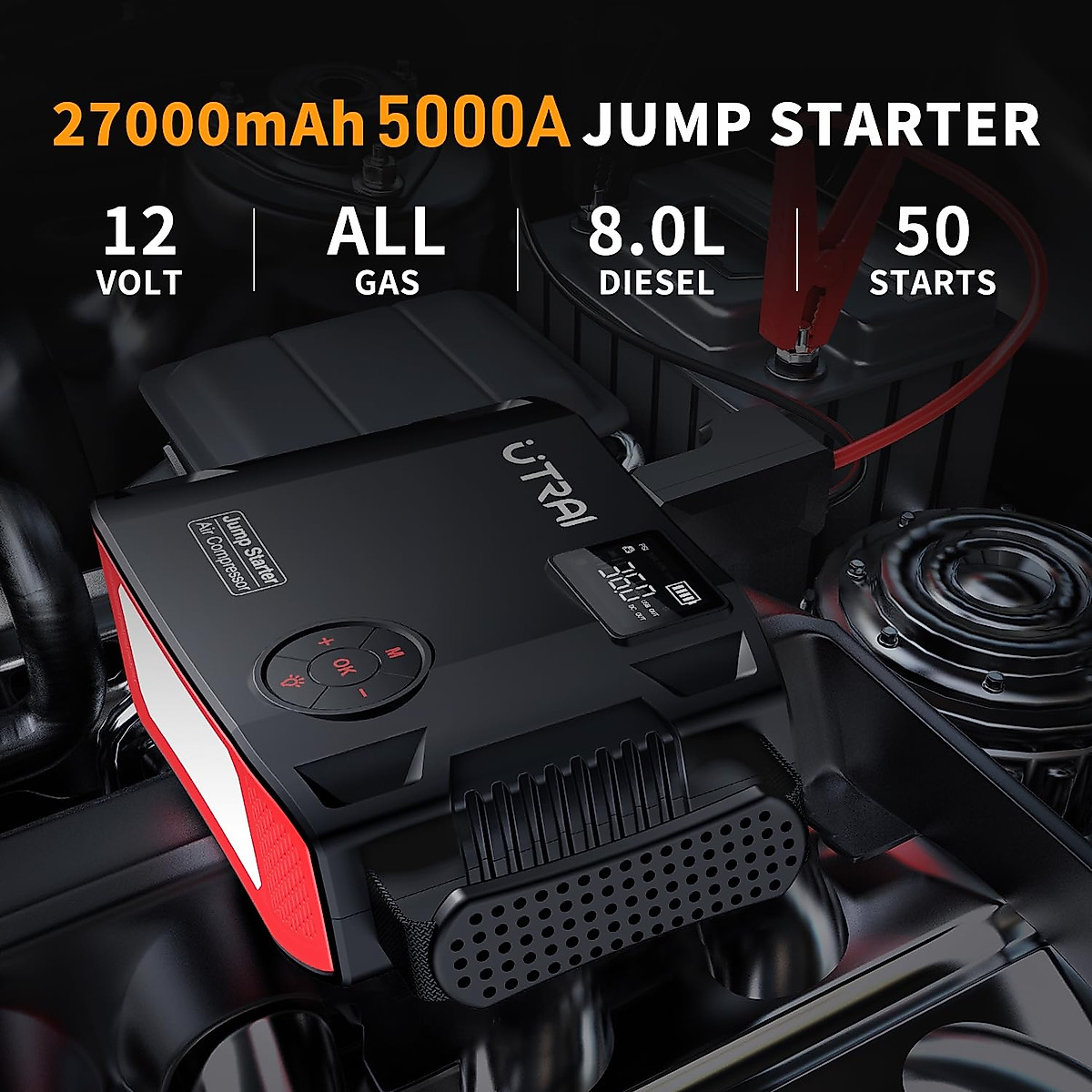Car Jump Starter with Air Compressor, UTRAI Portable Car Battery Jump Starter 5000A Peak 12V Car Battery up to Jump Box All Gas/ 8.0L Diesel with Tire Inflator, DC 160W Jump Start Battery Pack