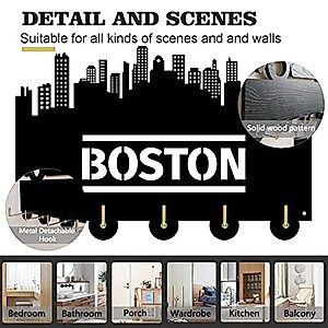 XDG Boston City Attractions Household Decor Wooden Wall Hooks Wall Hanger Coat Rack Keys Bags Clothes Multi-Purpose Keys Handbags Hook Gift for Designer
