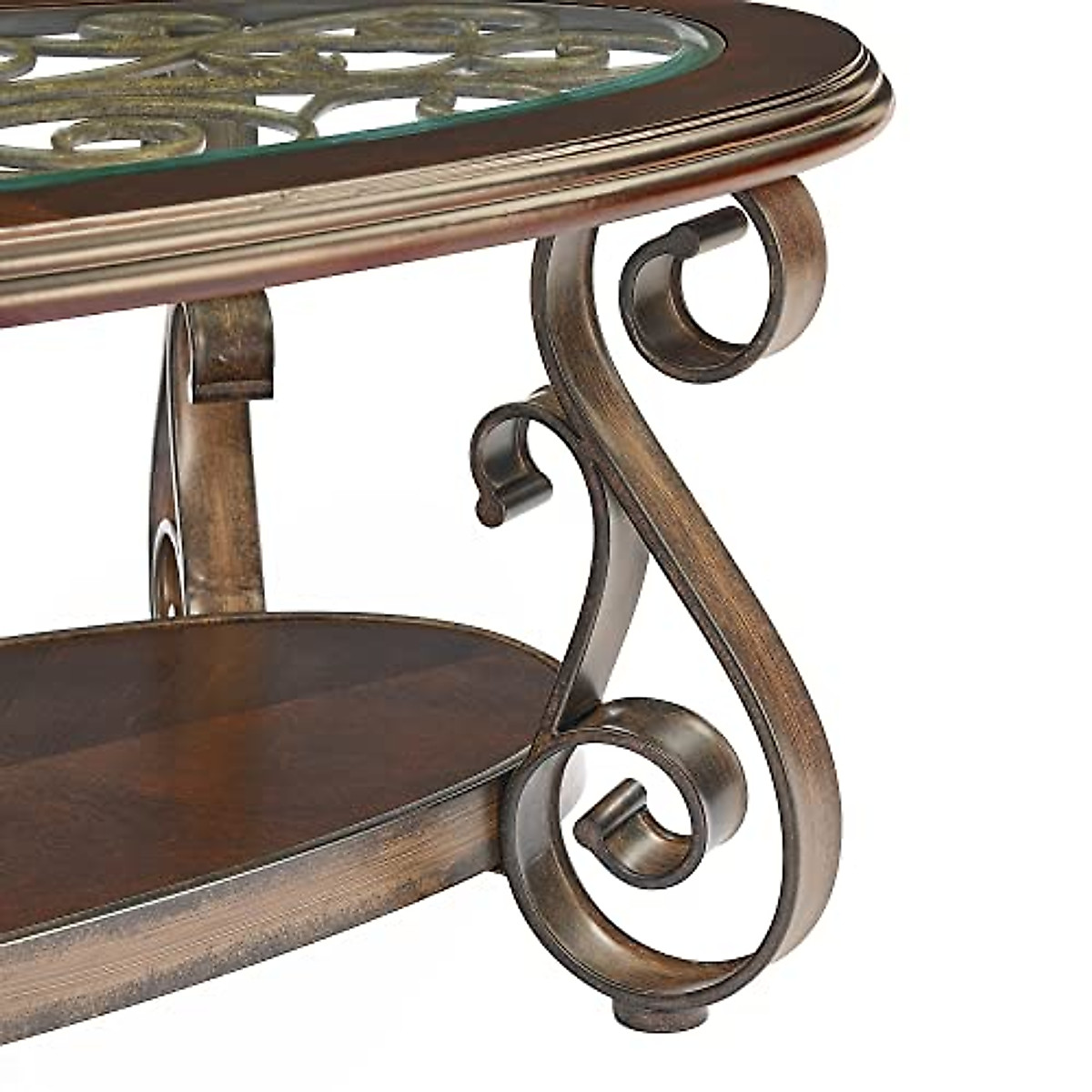 Aperturee 2-Tier Brown Vintage Wooden Cocktail Table Coffee Table with Glass Table Top Metal Legs End Table Sofa Side Table for Living Room Bedroom Office (Brown-1)