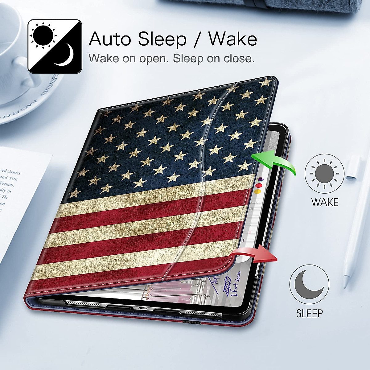 Fintie Folio Case for iPad Pro 12.9" 6th Generation 2022, Multi-Angle Smart Stand Cover w/Pencil Holder & Pocket, Also Fit iPad Pro 12.9 2021 5th & 2020 4th & 2018 3rd Gen, US Flag