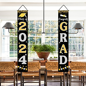 Graduation Decorations 2024 GRAD Banner Black Graduation Party Decorations 2024 Porch Door Welcome Banners For Class School