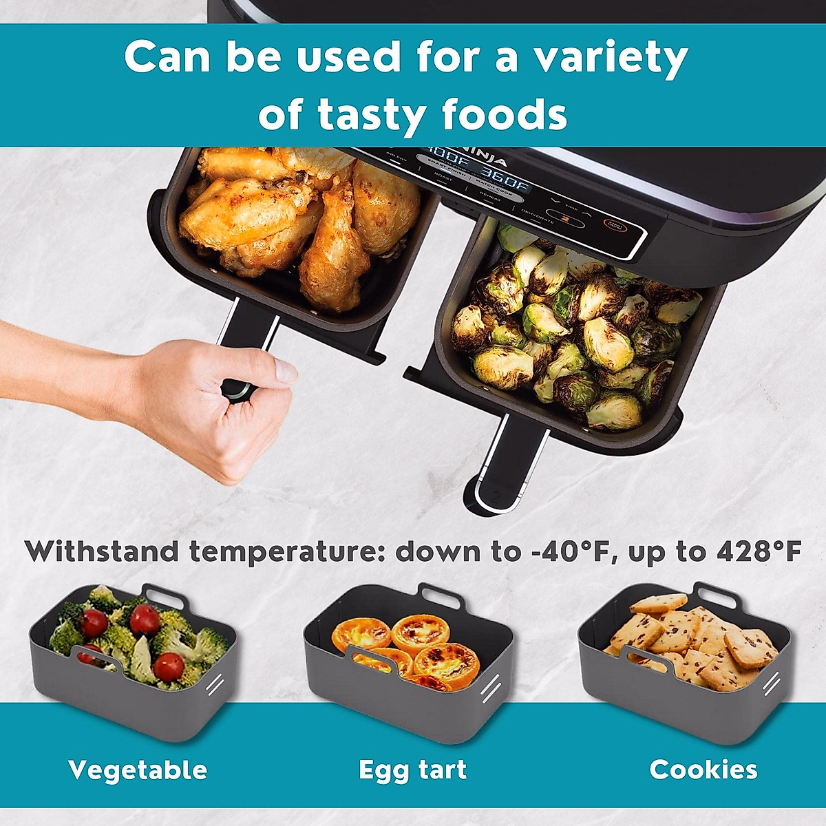 Air Fryer Silicone Pot Rectangular for Ninja Foodi Dual DZ201/DZ401 10QT, Reusable Silicone Airfryer Liner Replacement Baking Tray Basket | Non-stick | Easy Cleaning | Food Safe | Gray / 2Pcs