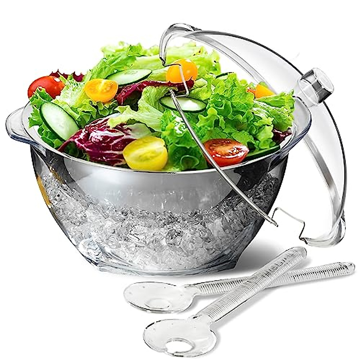 INNOVATIVE LIFE Large Salad Bowl with Ice Chiller Base and Lid, Kitchen Refrigerated Veggie Tray with Two Long Spoons, Party Platters for Food, Clear
