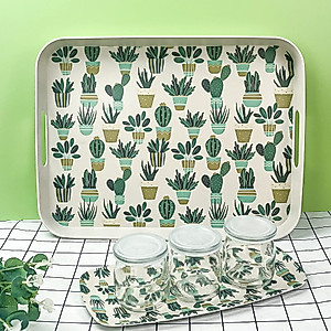 Finorder Serving Trays, Bamboo Fiber Tray with Handles, 16" x 12" Decorative Tray Great for Eating, Tea, Bar, Breakfast or Any Food Tray, Green Cactus Prints