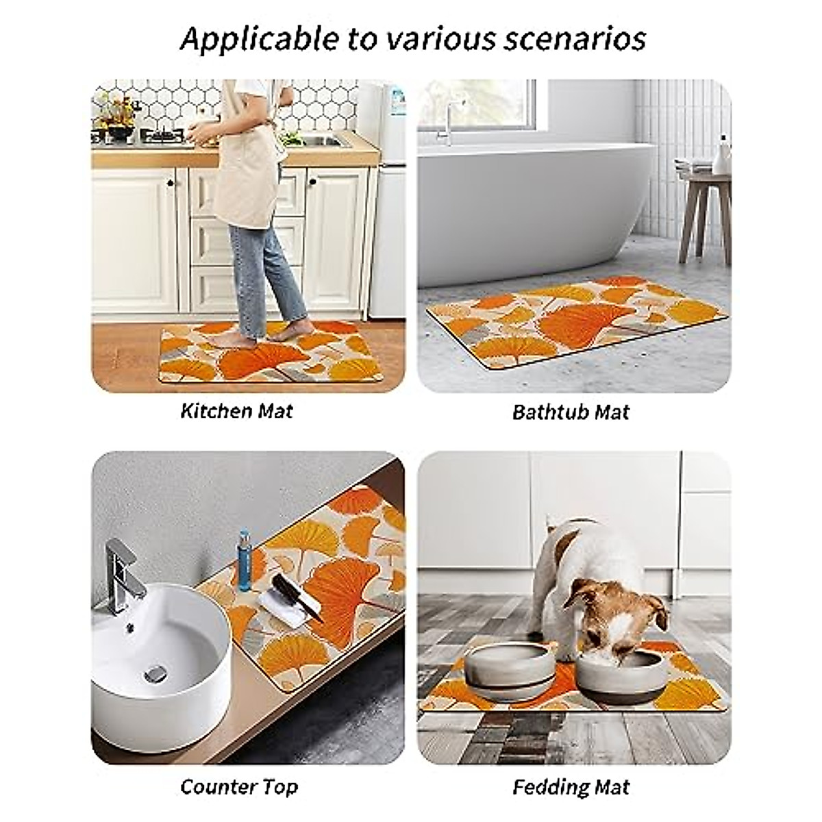 Fall Leaves Bath Mat for Tub,Non Slip Bathroom Floor Runner Rug Quick Dry & Absorbent Diatomaceous Earth Kitchen Room Shower Sink Washable Doormat,Retro Middle Century Orange Yellow Leaf 18"x30"