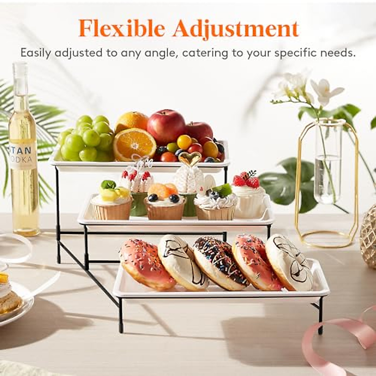 Lifewit 3 Tier Plastic Serving Tray for Party Supplies, 12" x 6.5" Platters for Serving Food, White Reusable Trays with Black Metal Display Stand for Veggie, Fruit, Cookies, Dessert