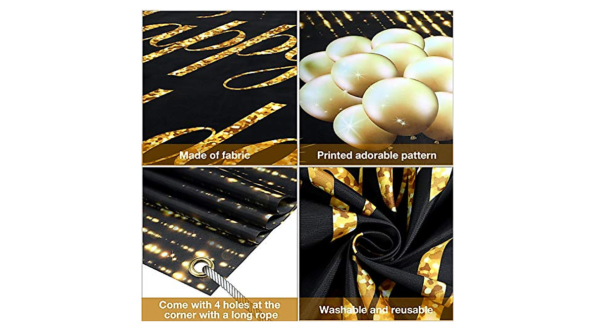 Large 6x3.6ft Black Gold Happy Birthday Backdrop Banner