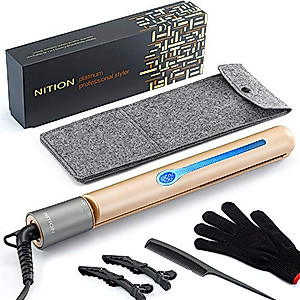 NITION Professional Salon Hair Straightener Argan Oil Tourmaline Ceramic Titanium Straightening Flat Iron for Healthy Styling,LCD 265°F-450°F,2-in-1 Curling Iron for All Hair Type,Gold,1 inch Plate