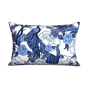Wozukia Birds and Peonies in Blue Color Throw Pillow Cover Abstract Pattern in Chinoiserie Style with Peacock Lumbar Pillow Case Cushion for Sofa Couch Bed Standard Queen Size 20x30 Inch