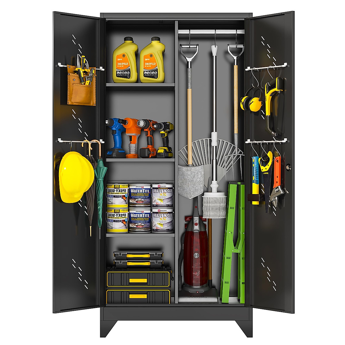 ZONLESON Metal Garage Storage Cabinet, Kitchen Pantry Cabinet with Doors and Shelves, Broom Organizer Storage Tool Racks,Cleaning Cabinet with Stainless Steel Leak (H71* D16.53*L31.5in)