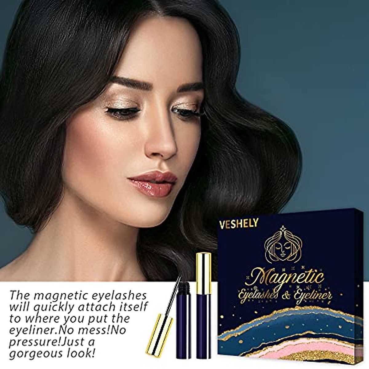 VESHELY Natural Magnetic Eyelashes with Eyeliner Kit,5 Pairs Short Small Magnetic Eyelashes Natural Look and 2 Tubes Magnetic Eyeliner Waterproof,3D False Fake Lashes Magnetic Reusable-No Glue Needed