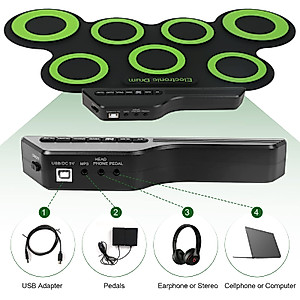 Topoworl Electronic Drum Set, Practice Drum Pad, Portable Silicone Beginners Electric Drum Set Percussion Instrument with Drum Sticks Sustain Pedals (Green)