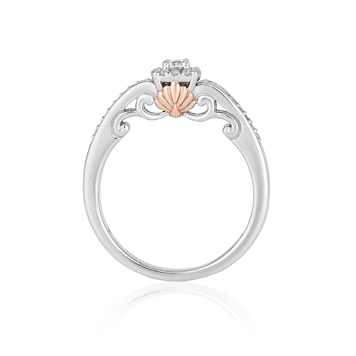 Jewelili Enchanted Disney Fine Jewelry 14K White Gold and Rose Gold 1/5 Cttw Diamond Ariel Shell Promise Ring Size 9