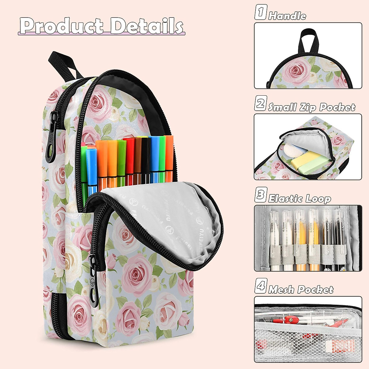 Sletend Stationery Pen Bag Rose Flower Durable Pencil Bag Pouch Box Organizer Cases Pencil Case Pouch Pen Case