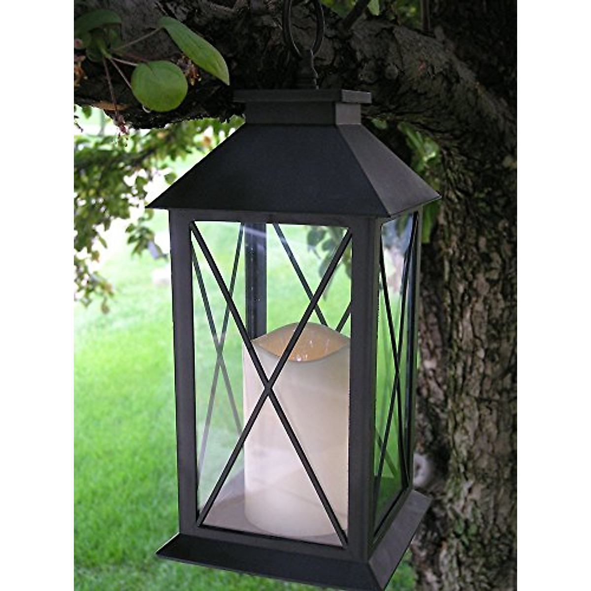 Black Decorative LED Lantern with Cross Bar Design - Pillar Candle with 5 Hour Timer Included - Hanging or Sitting Decoration - Set of 2 - 13"H