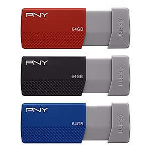 PNY USB 3.0 Flash Drives, 64GB, Assorted Colors, Pack Of 3 Drives