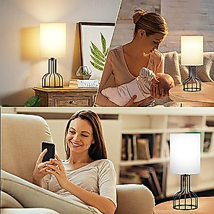 Bedside Table Lamp for Bedroom - Small Lamp with 3 Color Modes-3000K-4000K-5000K Nightstand Lamp with Simple Black Metal Base and White Fabric Shade for Kids, Living Room，Bedroom (LED Bulb Included)