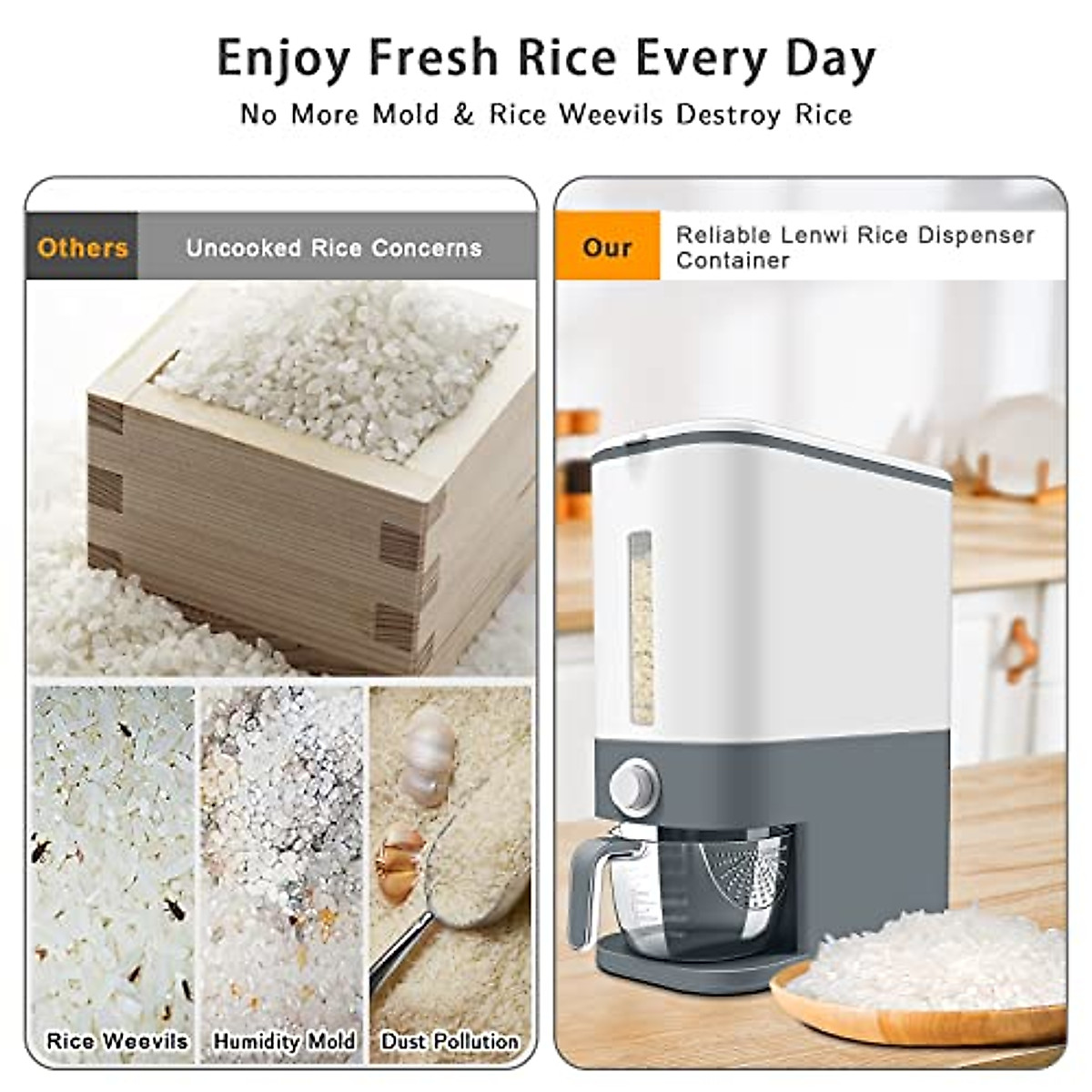 Lenwi 25 Lbs Rice Dispenser, Large Cereal Dry Food Storage Containers with Measuring Cup,BPA-Free Household for Kitchen Pantry Organization-Grey