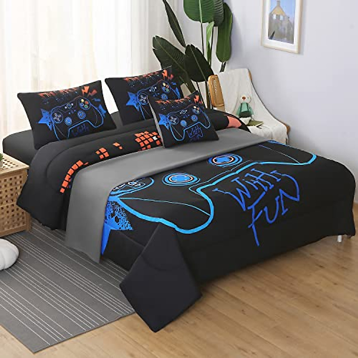 JQinHome Twin Gaming Comforter Sets for Boys,6 Piece Bed in A Bag 3D Video Game Bedding -All Season Soft Microfiber Gamer Bedding Sets for Kids, with Pillowcase, Flat Sheet, Fitted Sheet,Cushion Cover